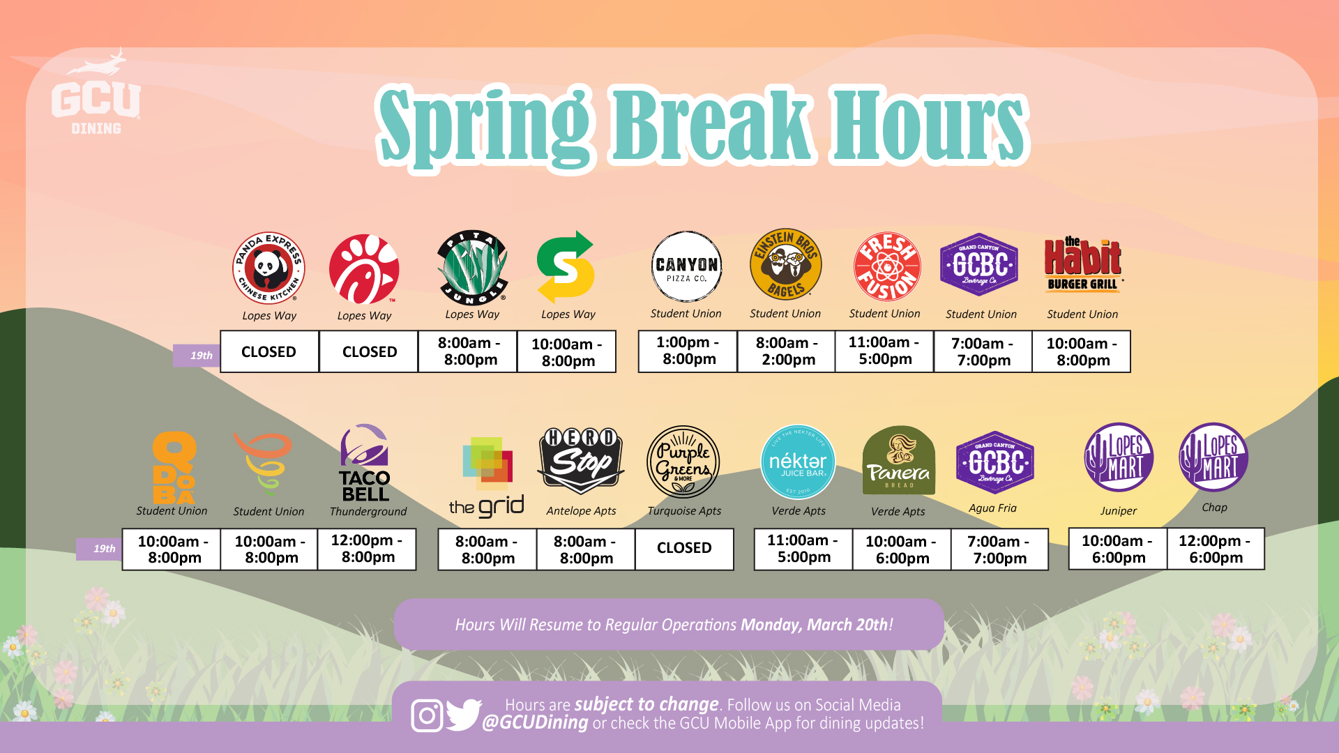 GCU Dining Hours March 19 - GCU News