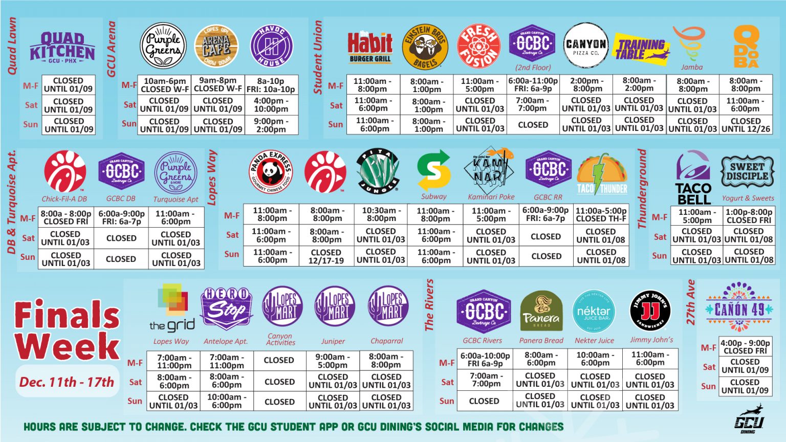 GCU Dining schedule Dec. 11-17 - GCU News