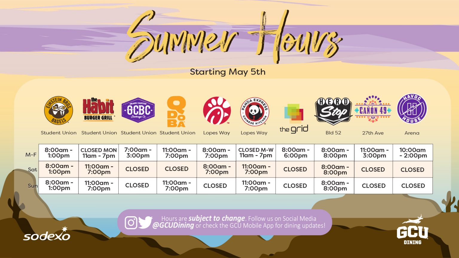 GCU Dining, Summer Hours, starting May 5 - GCU News
