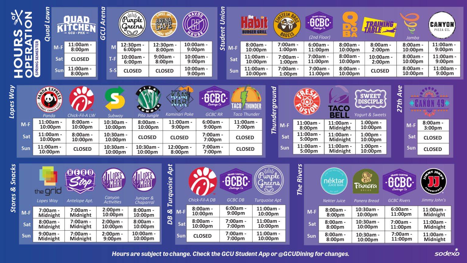 GCU Dining hours, 2026 spring semester - GCU News